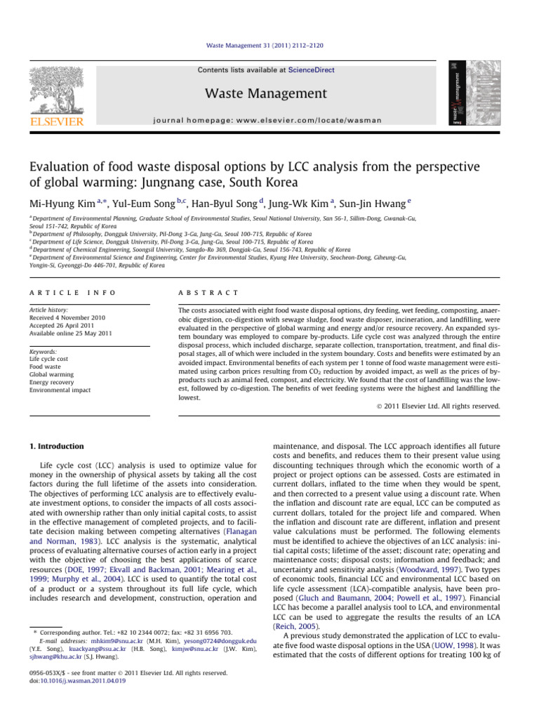 Evaluation of food waste disposal options by LCC analysis from the ...