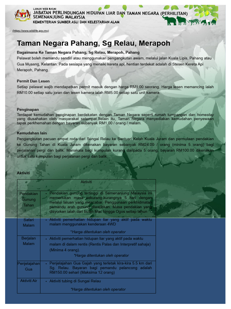 Taman Negara Pahang, Sungai Relau, Merapoh | PDF