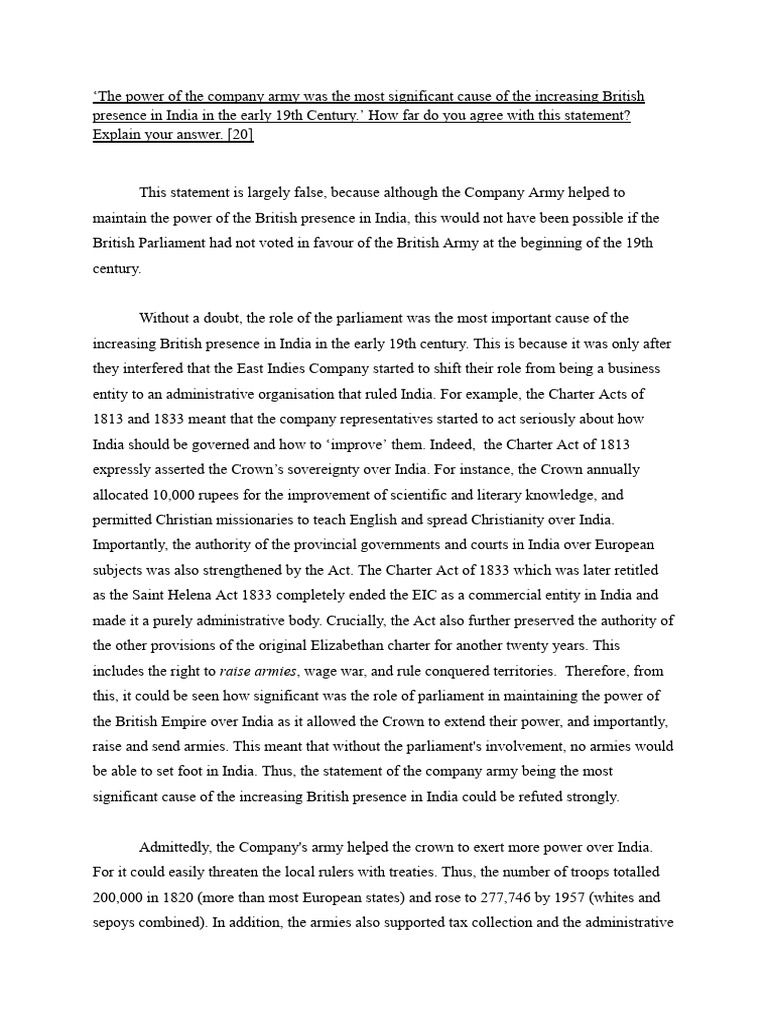The Power of The Company Army Was The Most Significant Cause of The Increasing British Presence ...