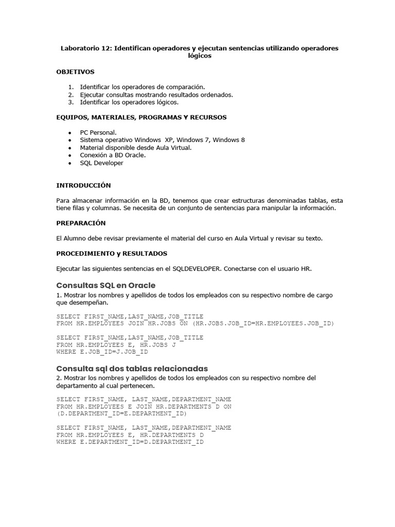 CI IV ABD - Lab 12 SQL en esquema HR de Oracle | PDF | SQL | Informática