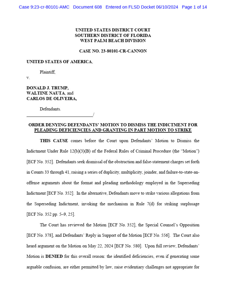 DJT - SDFL - Order On MTD - 6-10-24 | PDF | Indictment | Title 18 Of ...