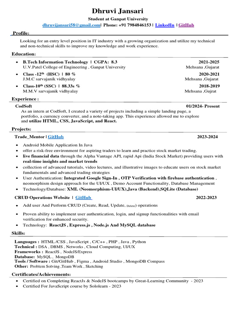 Dhruvi Resume | Download Free PDF | Databases | Mobile App