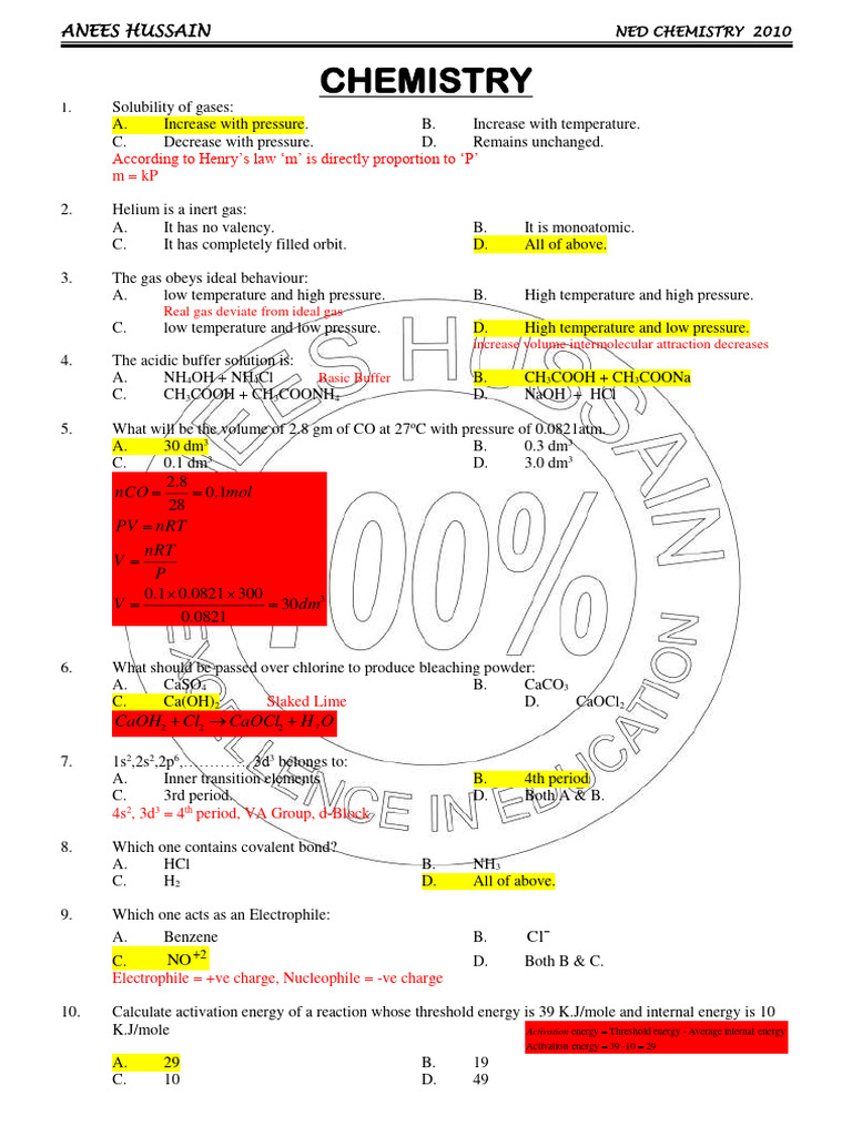 NED Past Papers 2010 | PDF | Chemical Reactions | Gases