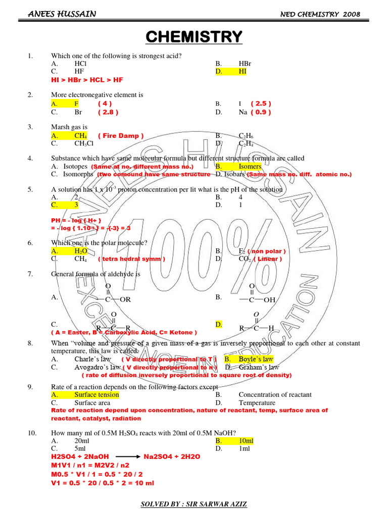NED Chemistry 2008 Solved Questions | PDF | Glucose | Molecules