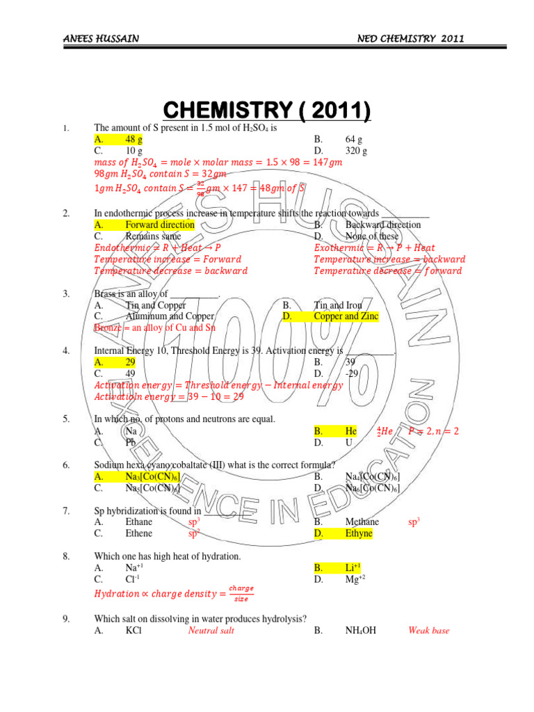 NED Past Papers 2011 | PDF | Electron Configuration | Tin