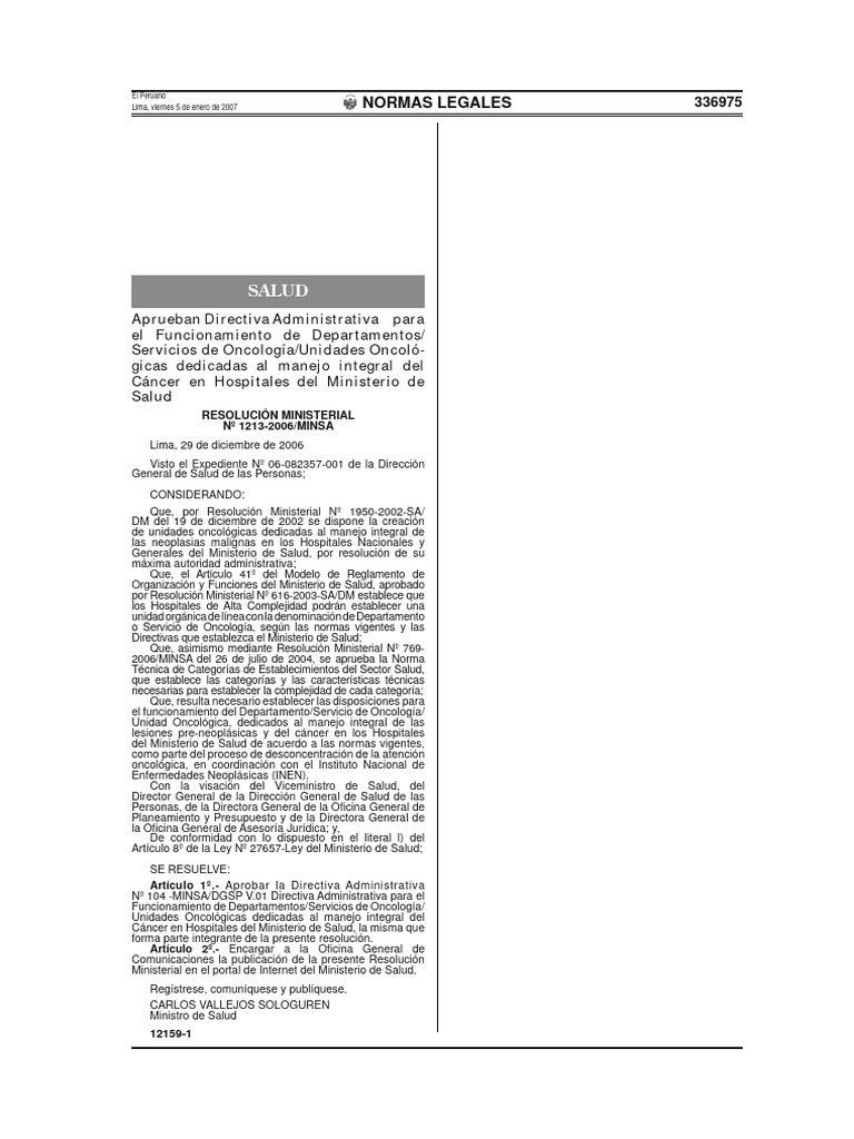 RM 1213-2006-MINSA EP Servicios Oncología | PDF | Hospital | Oncología