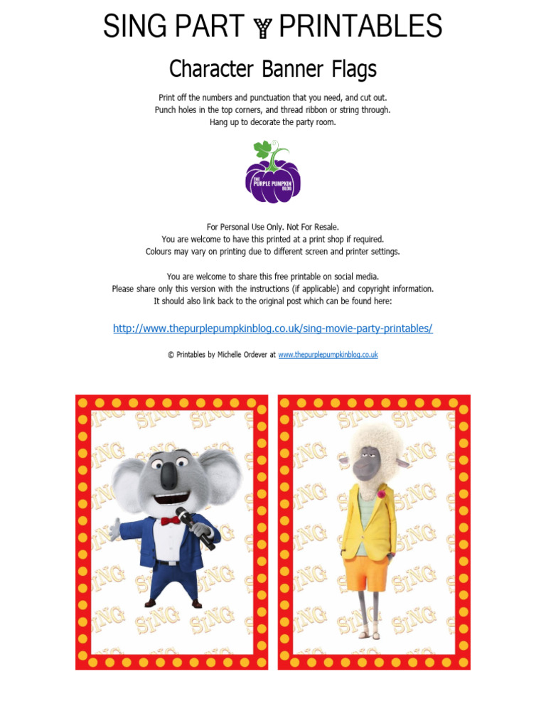 Free Printable Sing Movie Party Character Banner Flags | PDF