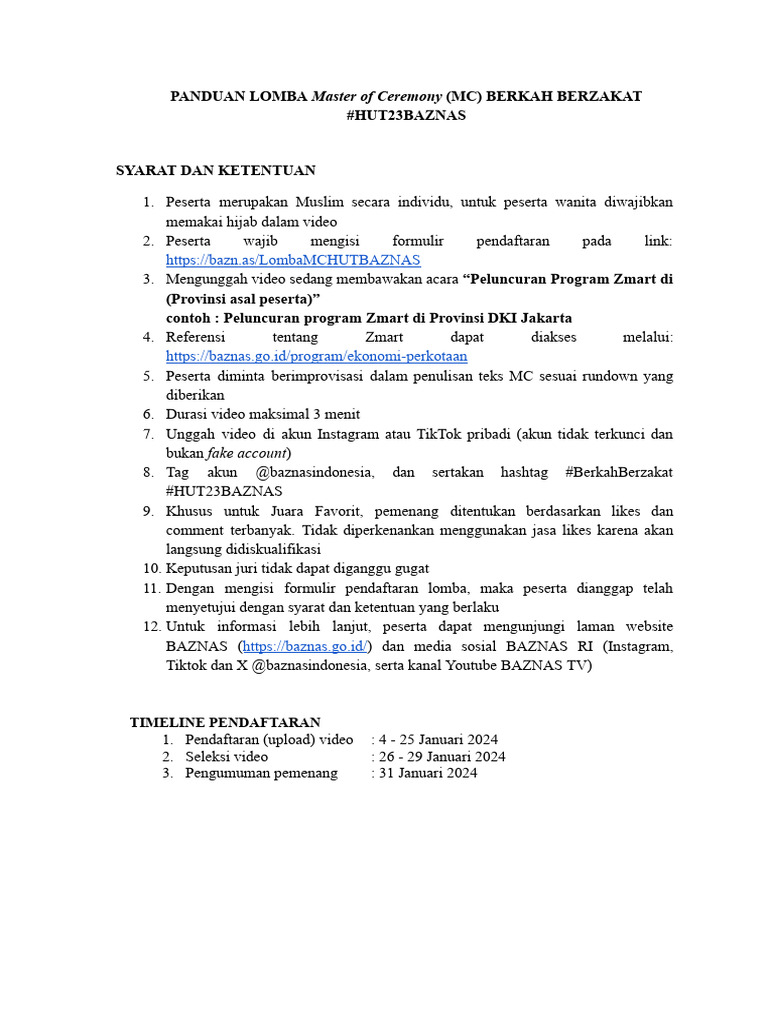 Panduan Lomba Mc #Hut23baznas | PDF