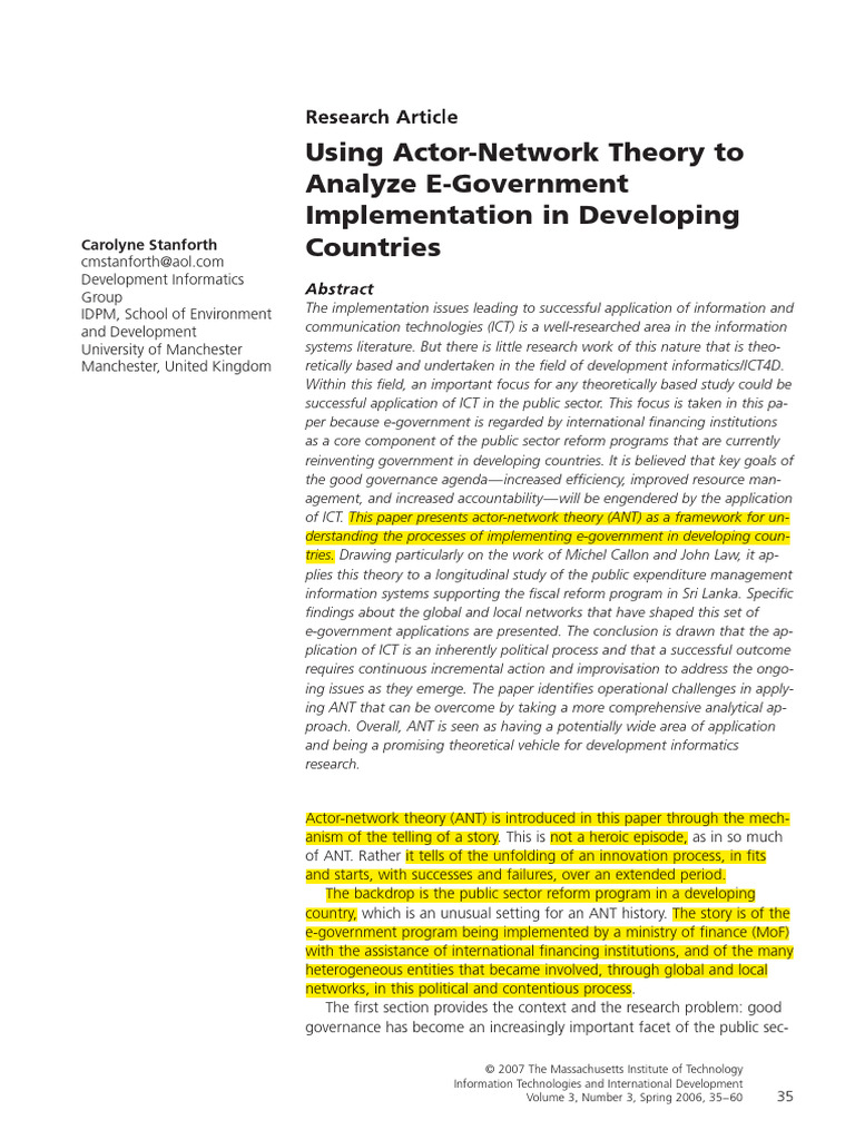 Using Actor-Network Theory to Analyze E-Government Implementation in Developing Countries | PDF ...