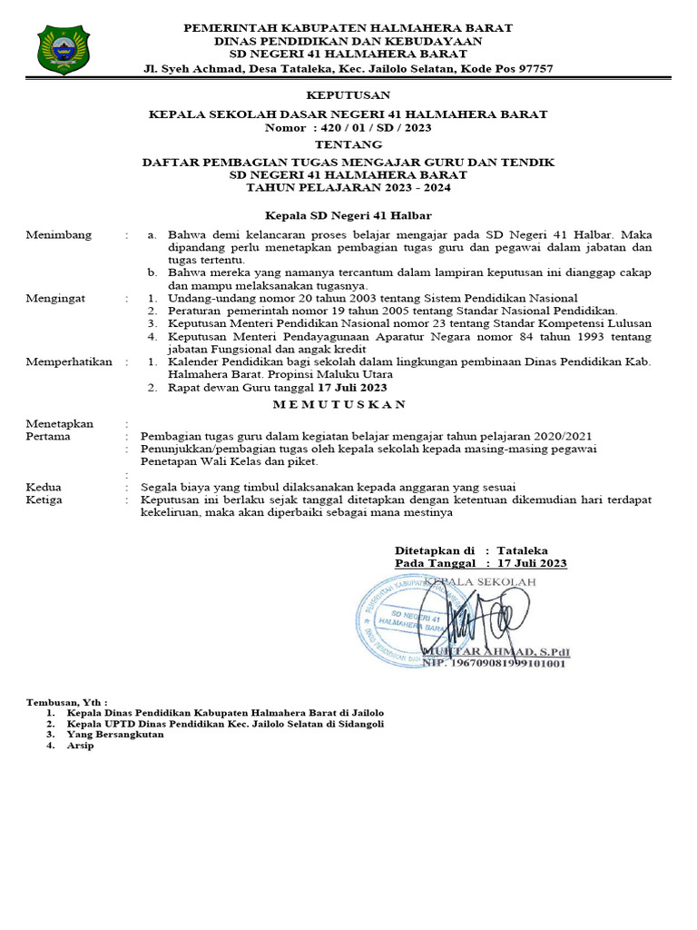 SK Beban Mengajar Tahun 2023 - 2024 Semester I | PDF