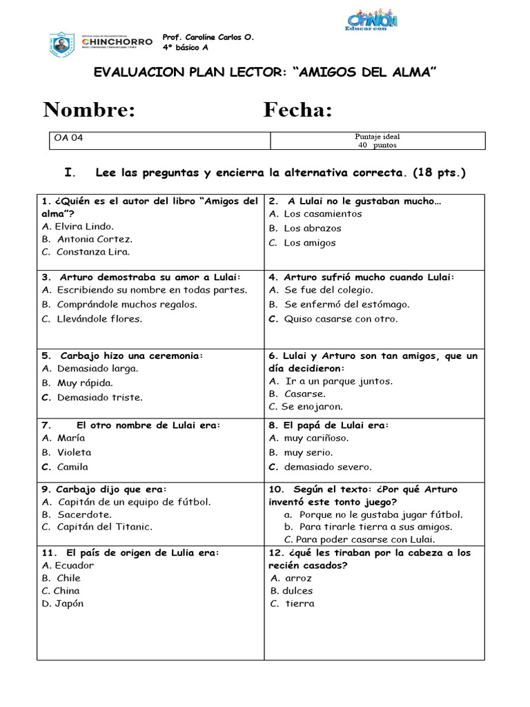 Evaluación Plan Lector: Amigos del Alma | PDF