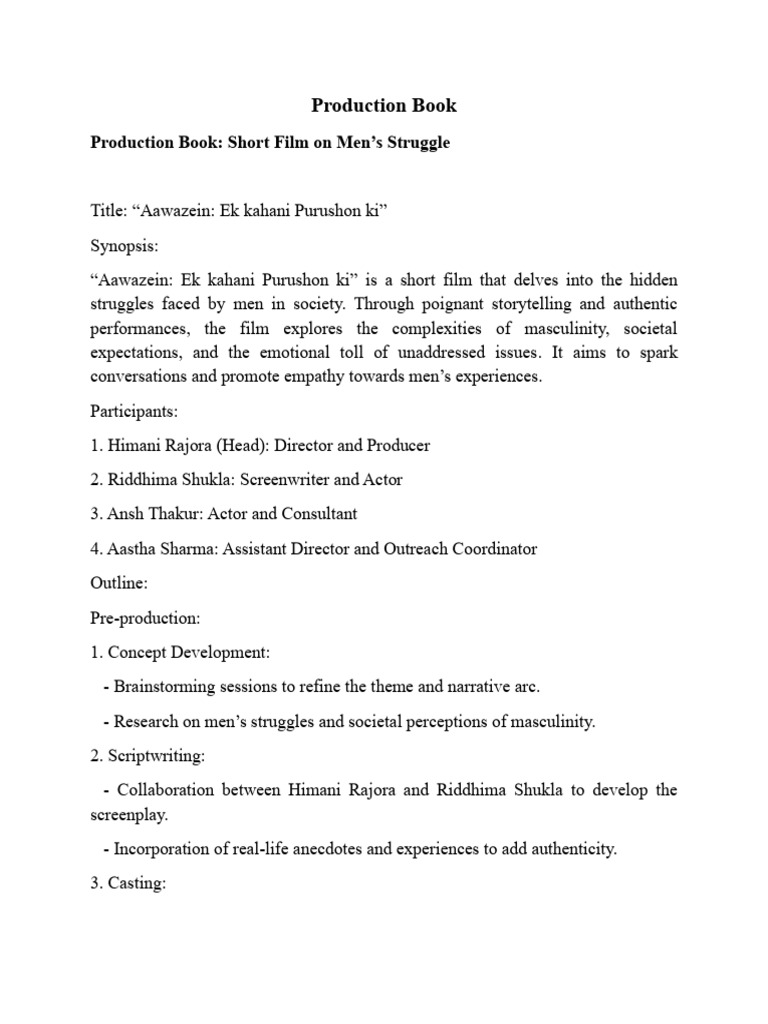 Production Book: Production Book: Short Film On Men's Struggle | PDF ...