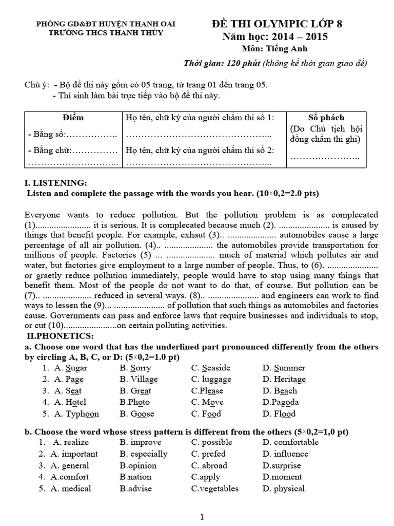 HSG Tieng Anh Lop 8 Nam Hoc 2014 2015 THCS Thanh Thuy | PDF | Clock ...