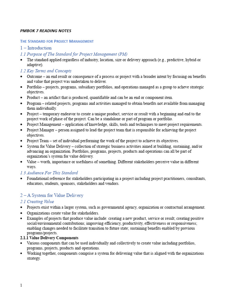 PMBOK 7 READING NOTES | PDF | Risk | Leadership