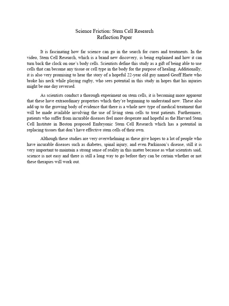 Stem Cell Research Reflection Paper | PDF | Wellness | Science ...