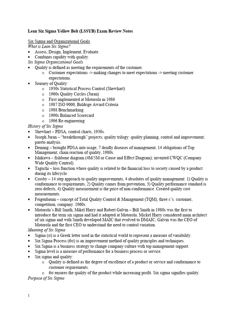 LSSYB Exam Review Notes | PDF | Lean Manufacturing | Six Sigma