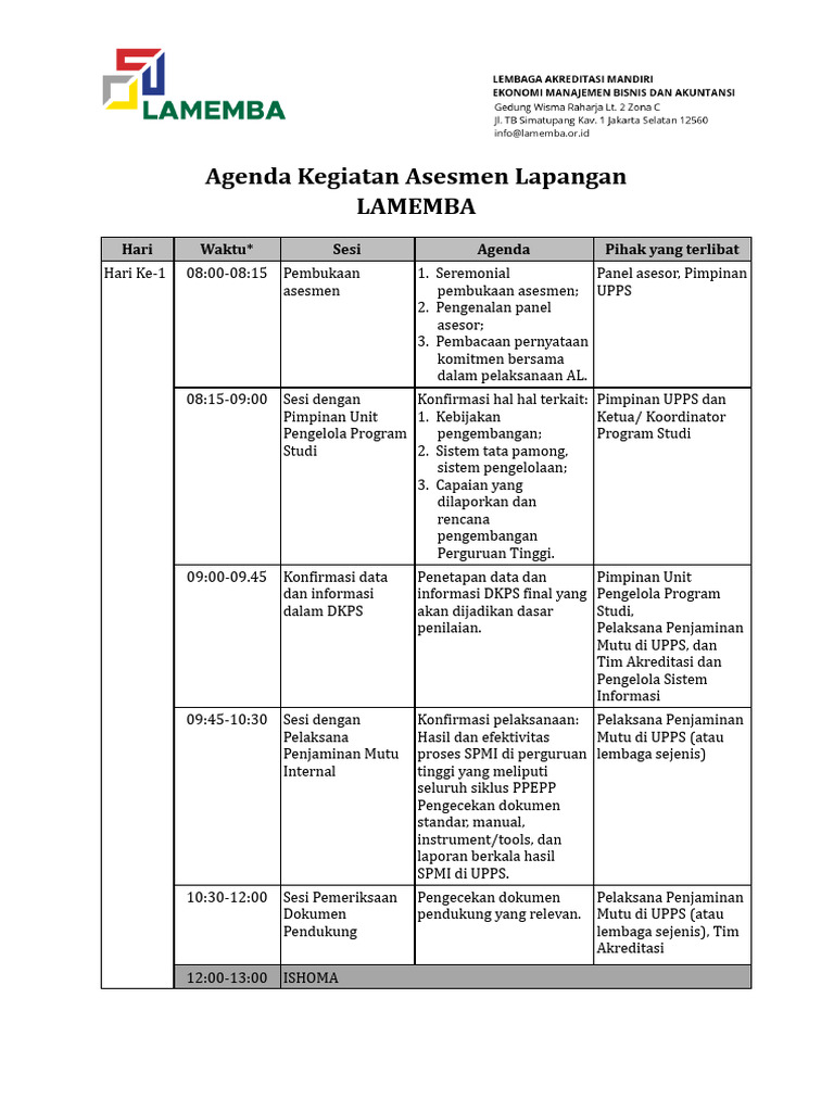 Agenda Kegiatan Asesmen Lapangan LAMEMBA | PDF