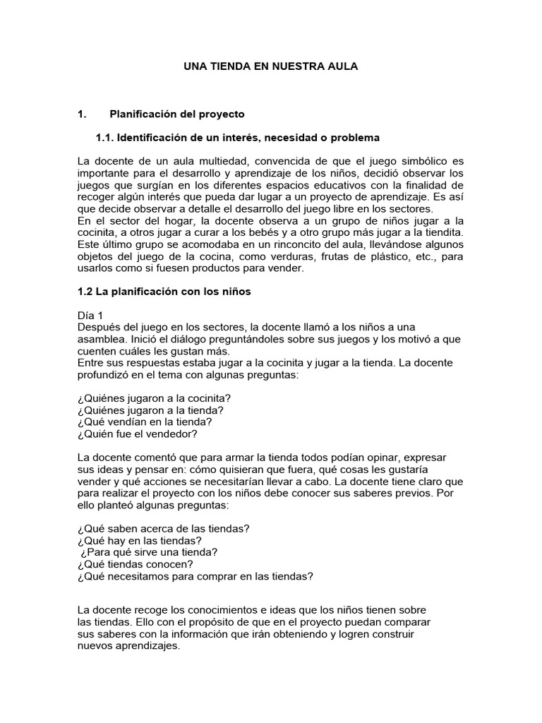 UNA TIENDA EN NUESTRA AULA. Proyecto | PDF | Aprendizaje | Salón de clases