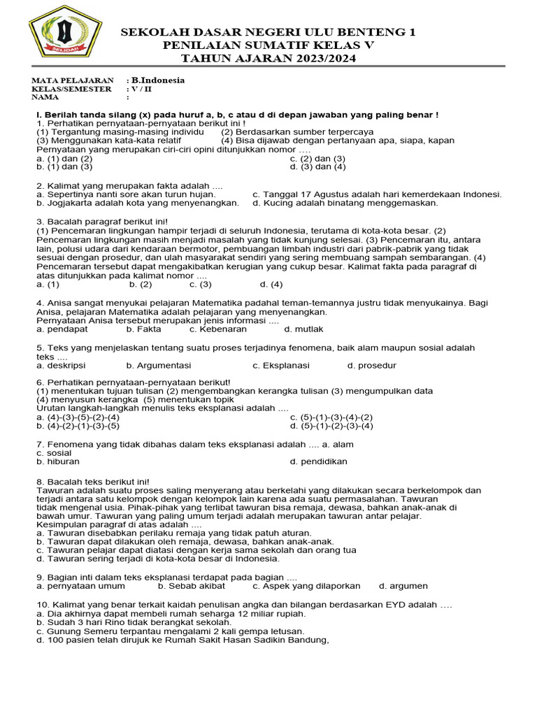 Soal PTS-STS Bahasa Indonesia Kelas 5 Semester 2 Kurikulum Merdeka T.A 2023-2024 | PDF