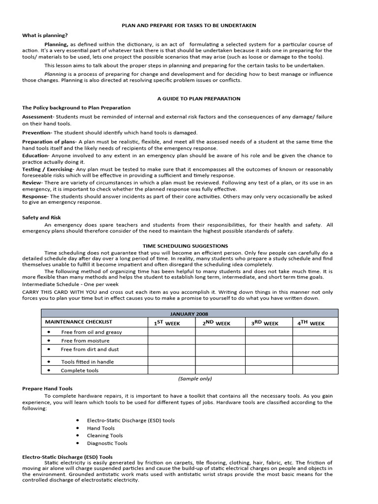 Plan and Prepare For Tasks To Be Undertaken | PDF | Electrostatic ...