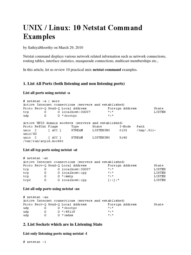 Unix Linux 10 Netstat Command Examples Pdf Port Computer