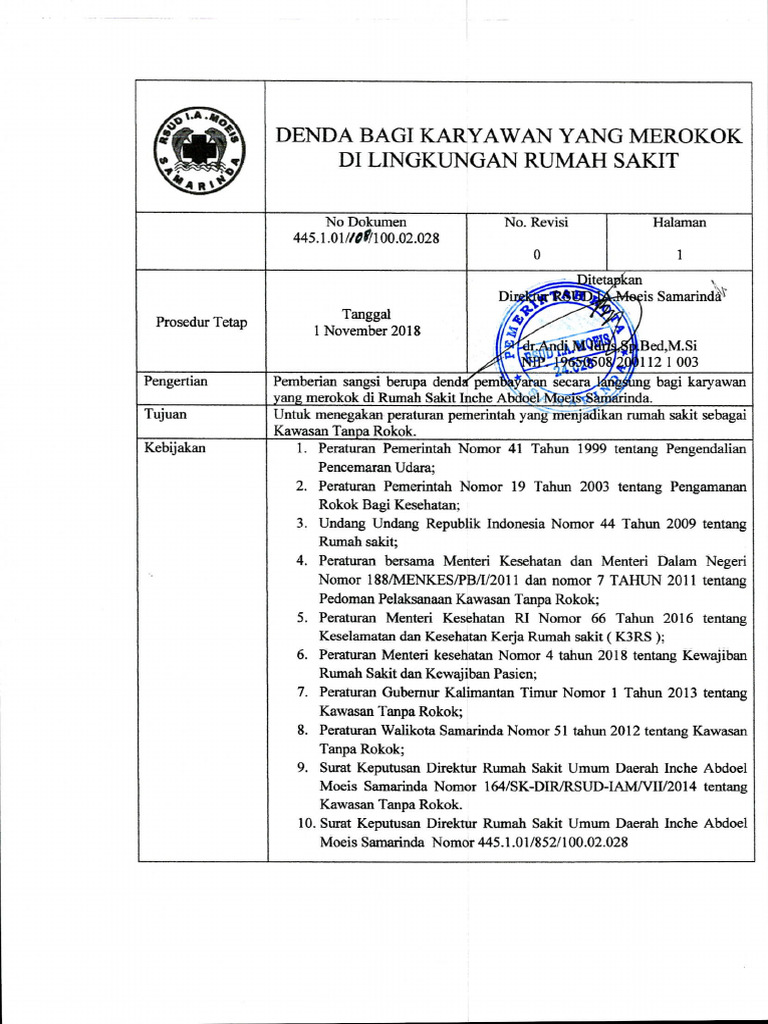 Sop Denda Bagi Karyawan Merokok Di Lingkungan RS MFK 7.2 | PDF
