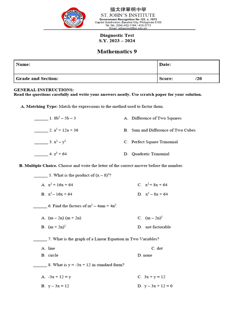 Grade 9 - Diagnostic Test | PDF | Mathematical Analysis | Algebra