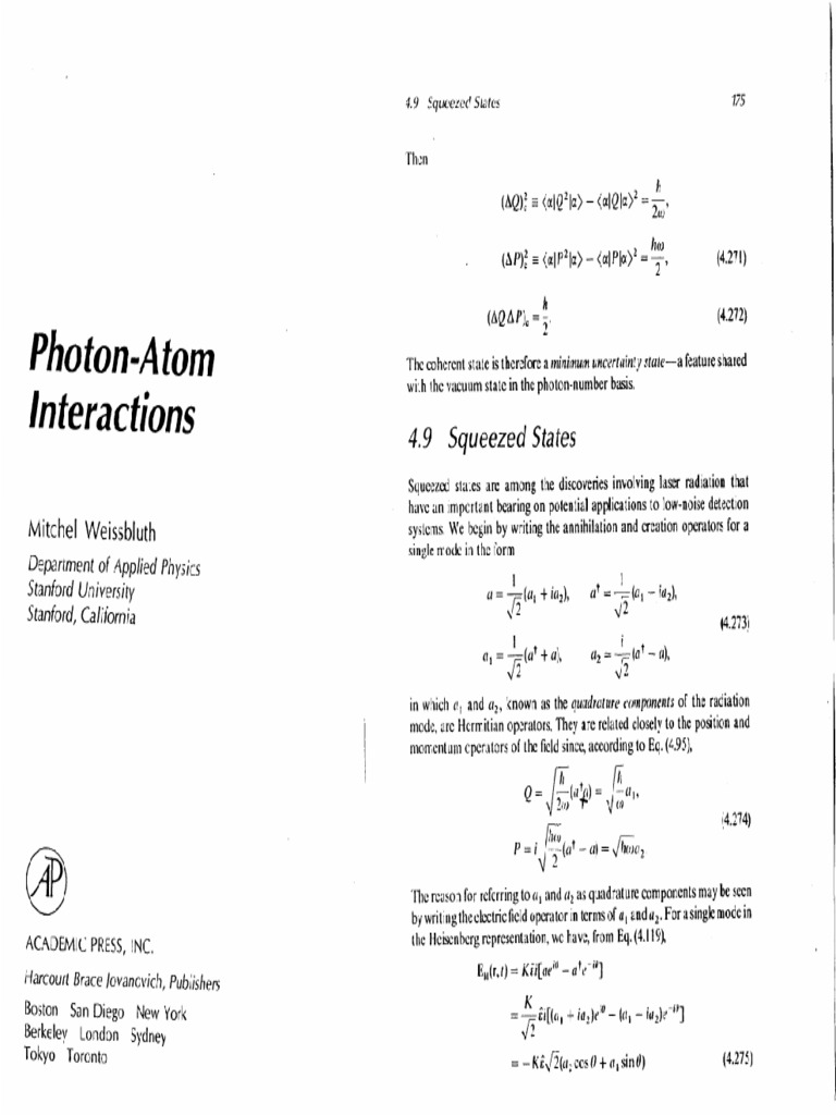 PHYSICS Weissbluth Photon Atom Interactions Chapter Section On Squeezed ...