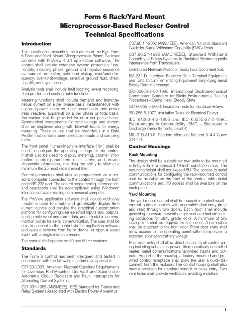 Form 6 Rack/Yard Mount Microprocessor-Based Recloser Control Technical Specifications | PDF ...