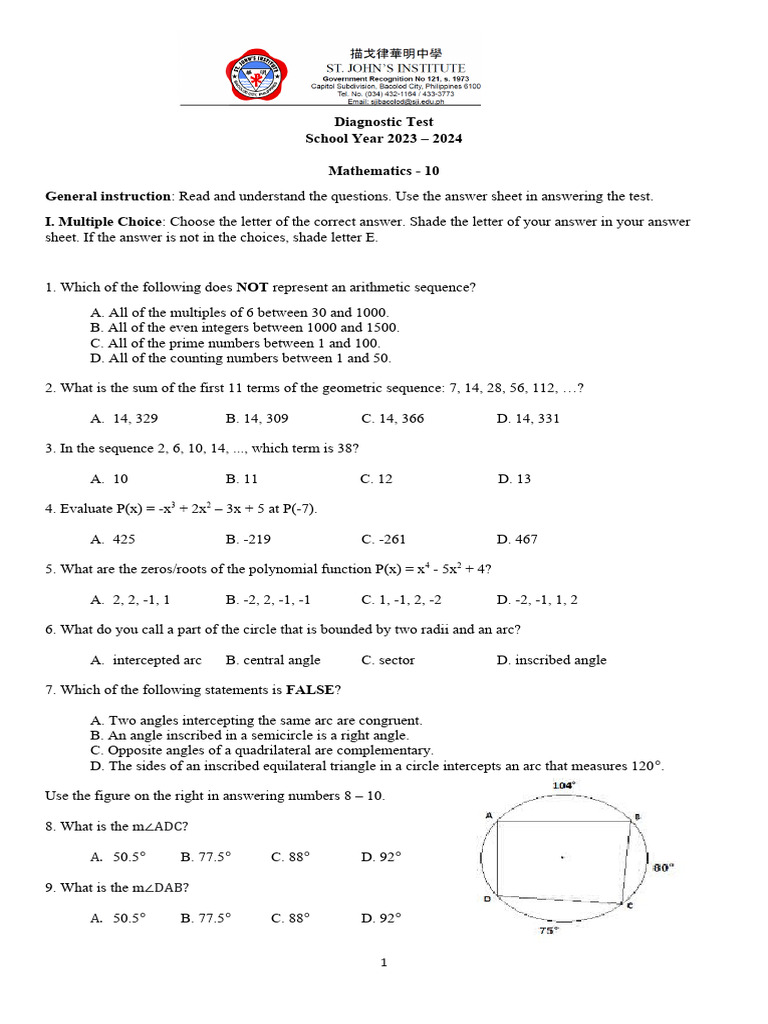 Math 10 Diagnostic Test | PDF | Odds | Prime Number