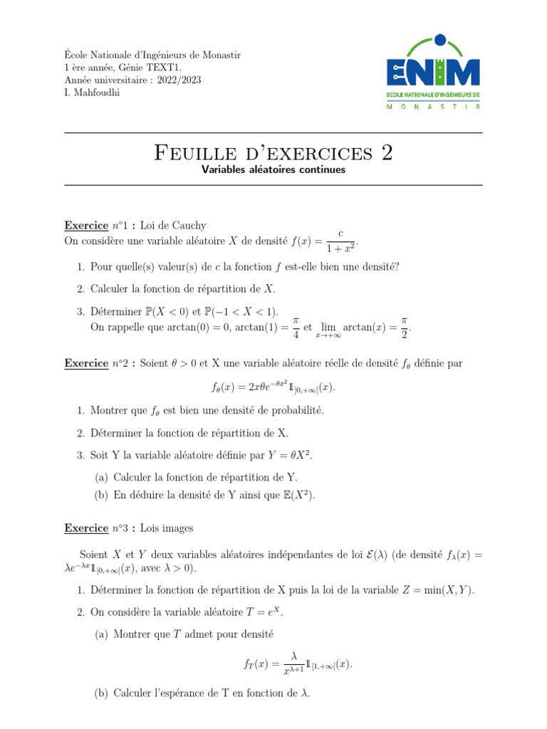 Exercices sur les variables aléatoires continues | PDF | Variable ...