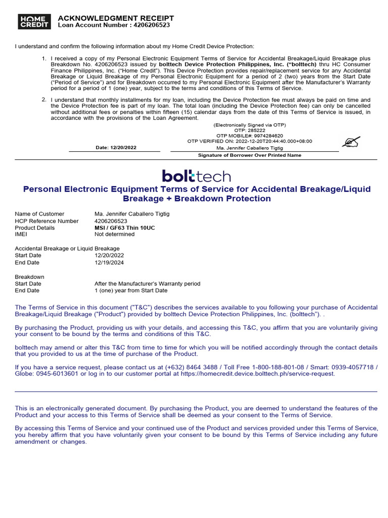 Personal Electronic Equipment Terms of Service For Accidental Breakage ...