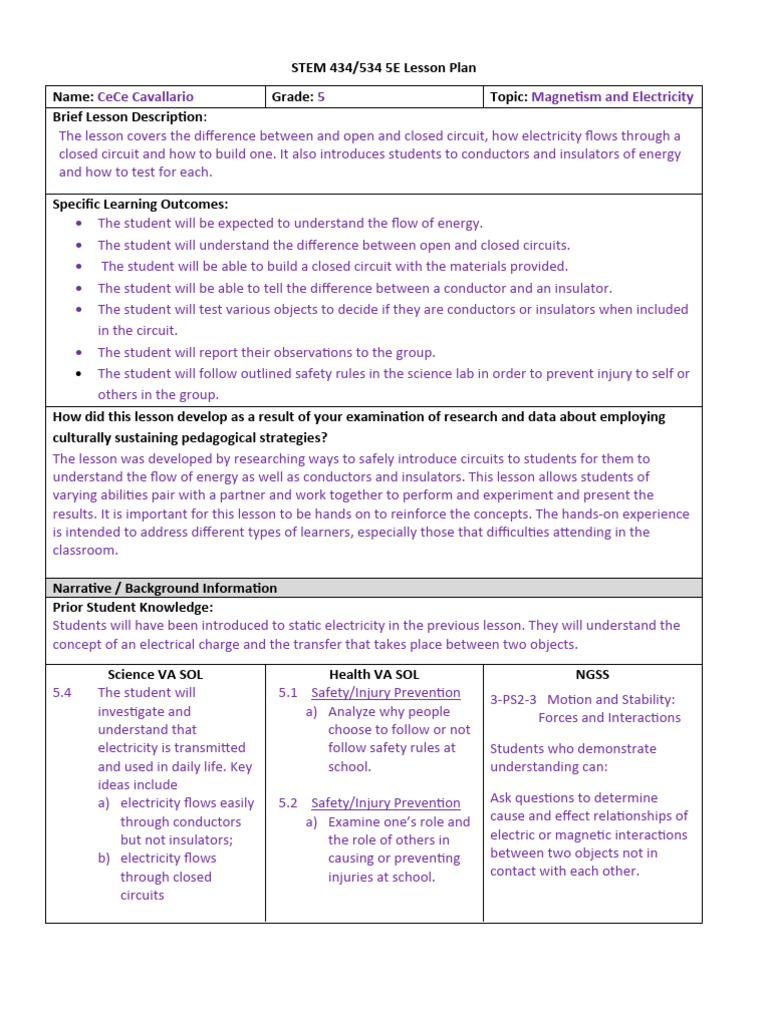 STEM 434-5E Lesson Plan Final Draft | PDF | Electricity | Learning