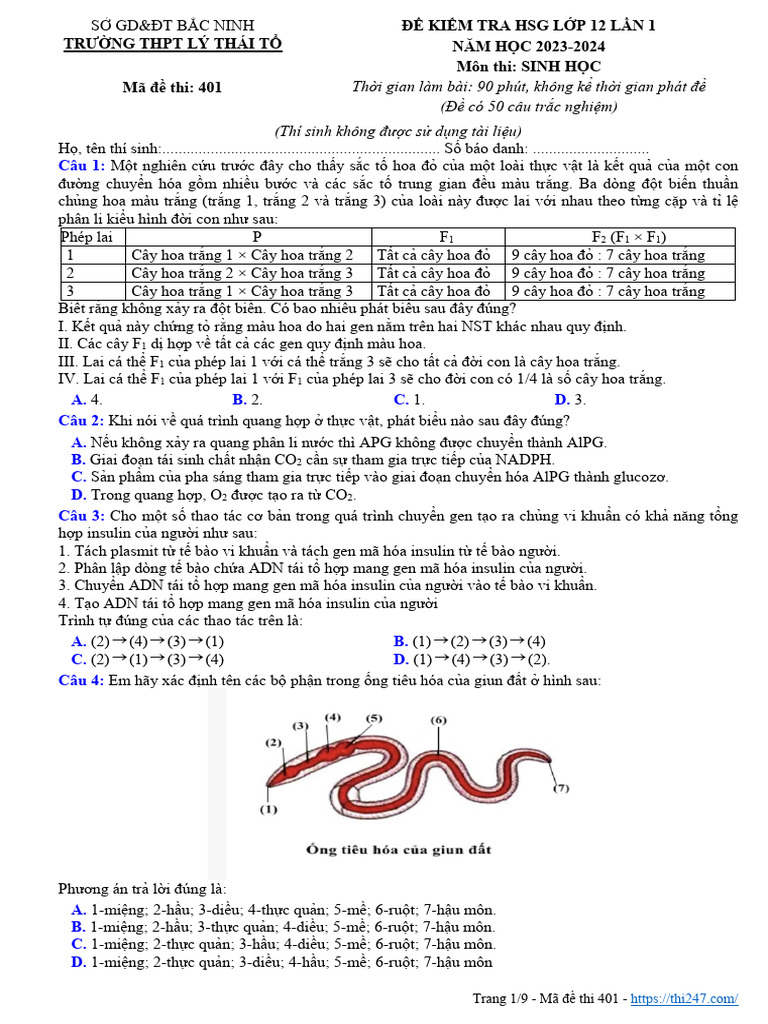 De Thi HSG Sinh Hoc 12 Lan 1 Nam 2023 2024 Truong THPT Ly Thai To Bac Ninh | PDF