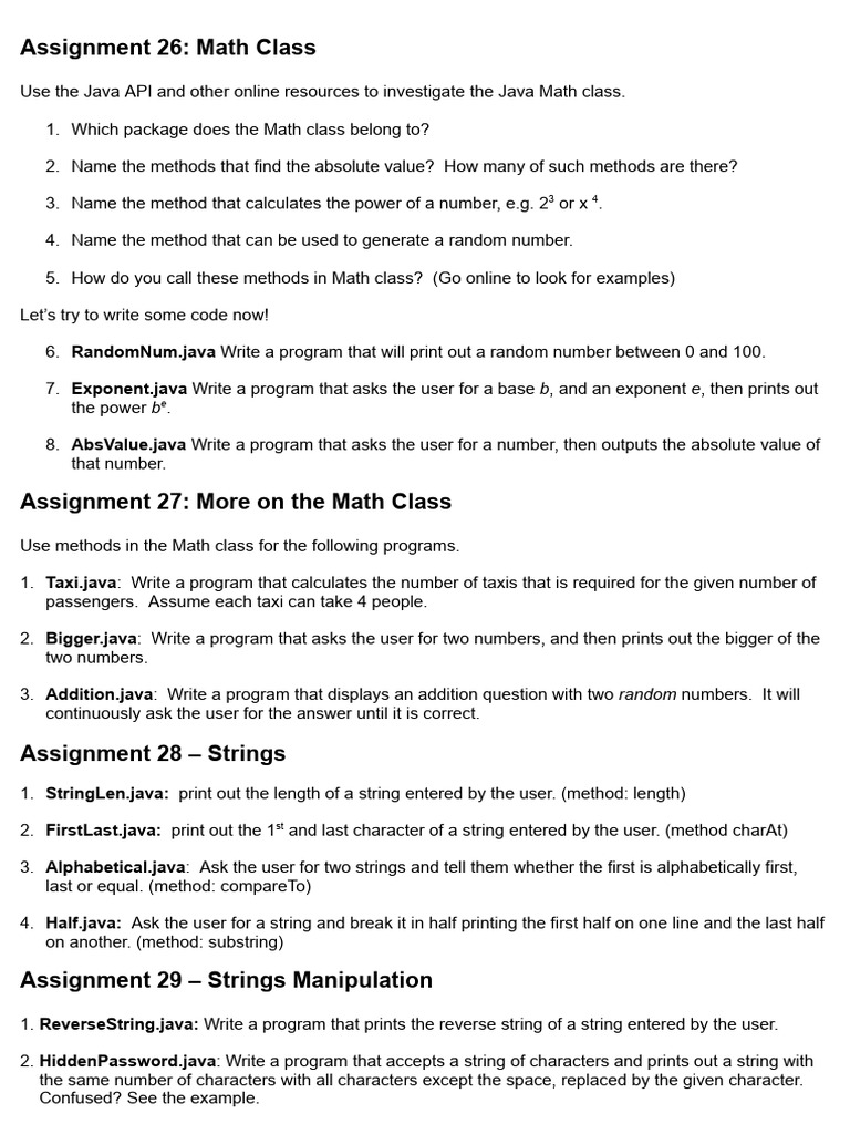 Assignment 26, 27, 28, & 29 - Math and String Classes | PDF | String (Computer Science) | Numbers