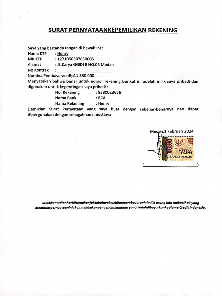 Surat Keterangan Kepemilikan Rekening | PDF