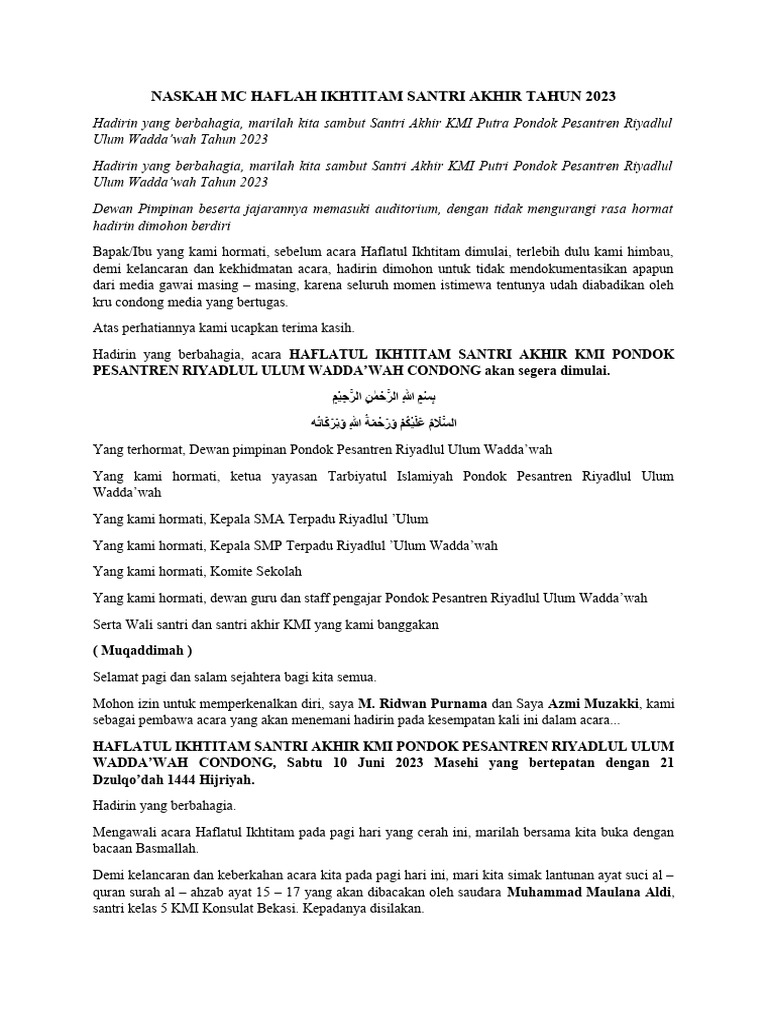 Naskah MC Haflah Ikhtitam Santri Akhir Tahun 2023 | PDF