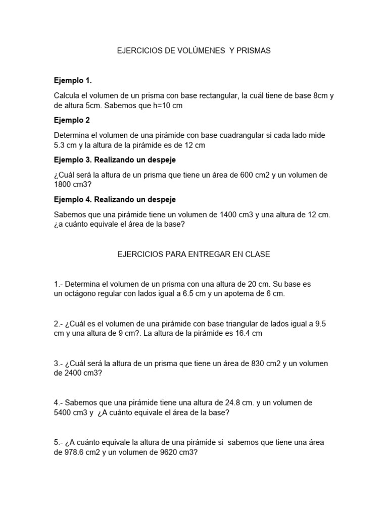 Ejercicios de Volúmenes y Prismas | PDF