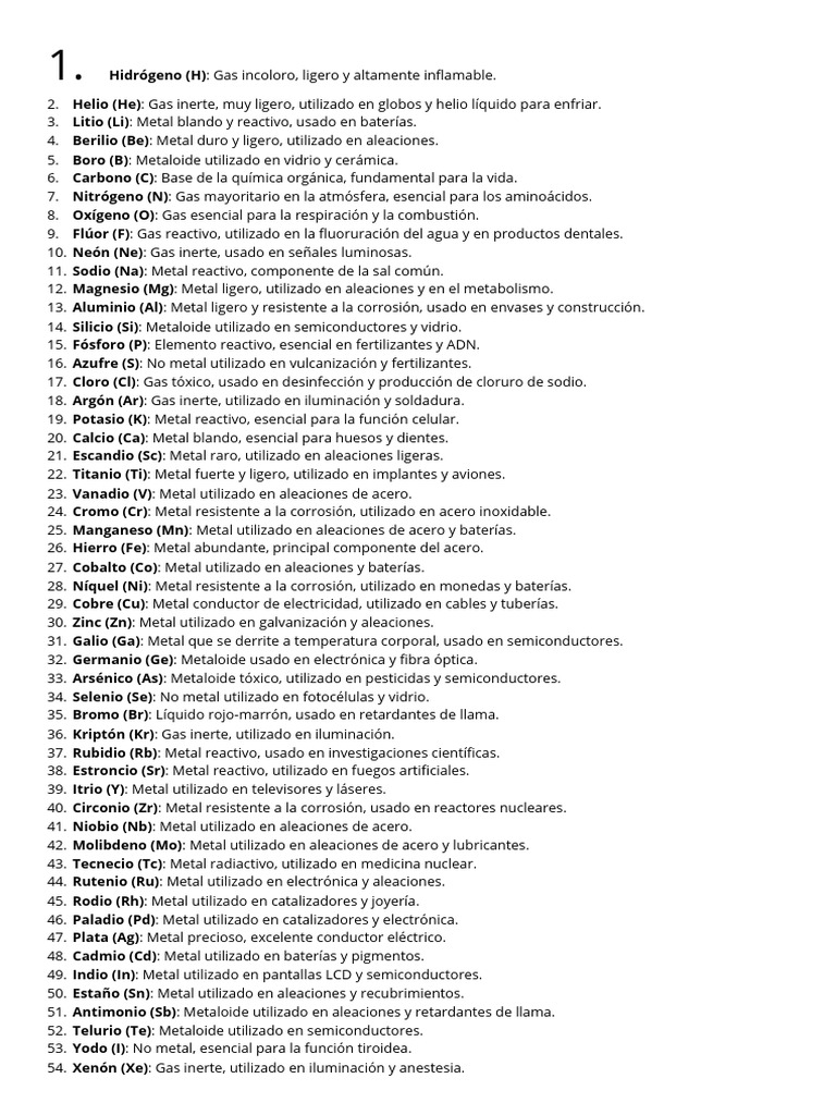 Todas Las Descripciones de Los Elementos. Hidrógeno (H) Gas Incoloro ...