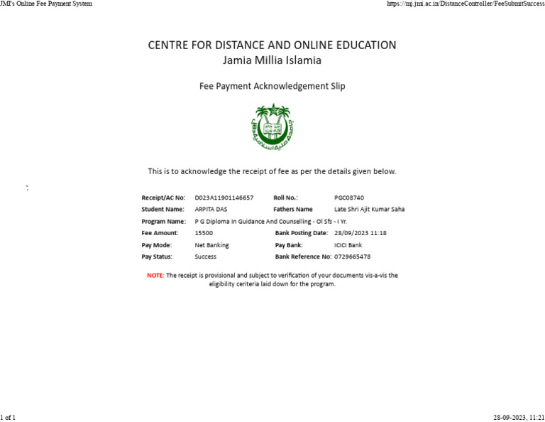 Jmi Fees Receipt | PDF