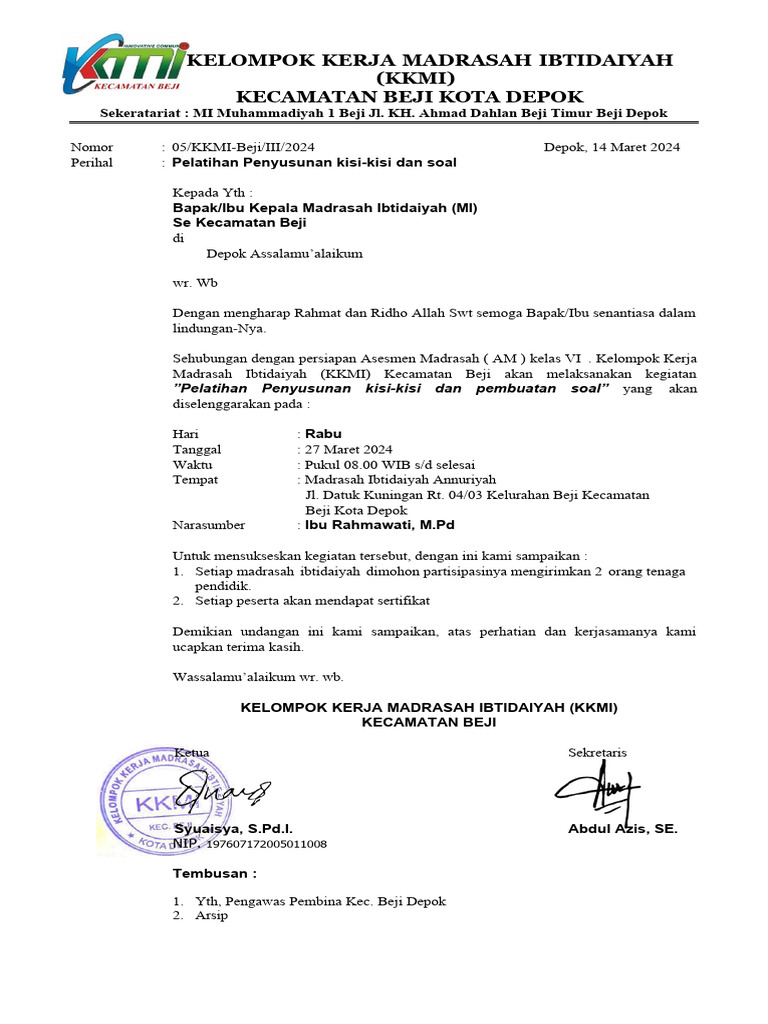 SURAT UNDANGN PELATIHAN PENYUSUNAN KISI DAN SOAL | PDF