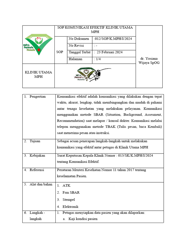 SOP Komunikasi Efektif Klinik MPH | PDF | Kesehatan Holistik