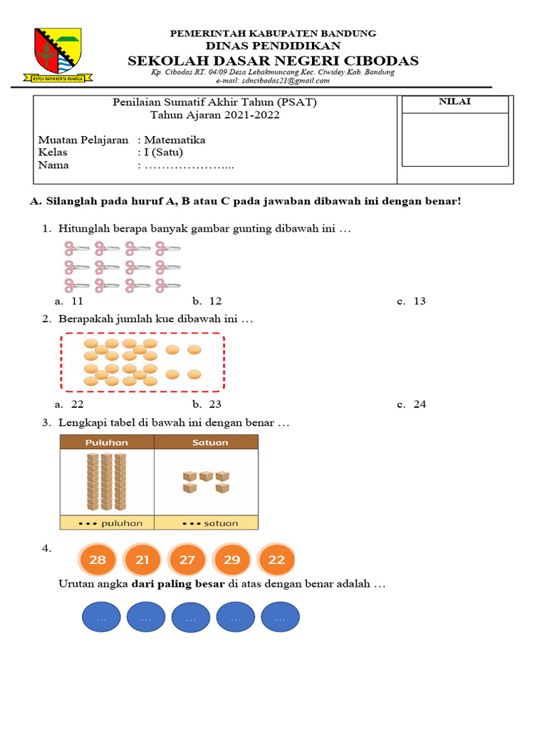 Master Soal Psat MTK Kelas 1 | PDF