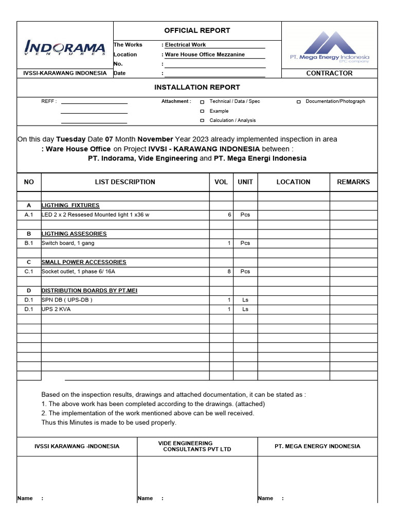 Electrical Installation Report - IVSSI Karawang | PDF | Building ...