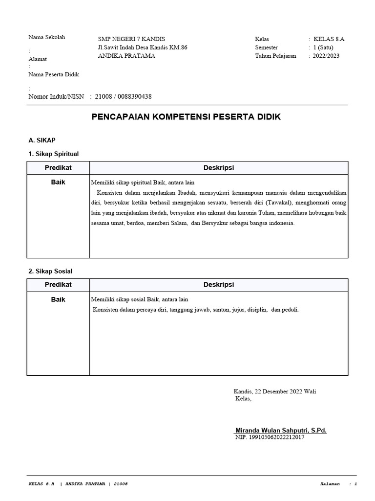 Rapor Andika Pratama 20221 | PDF