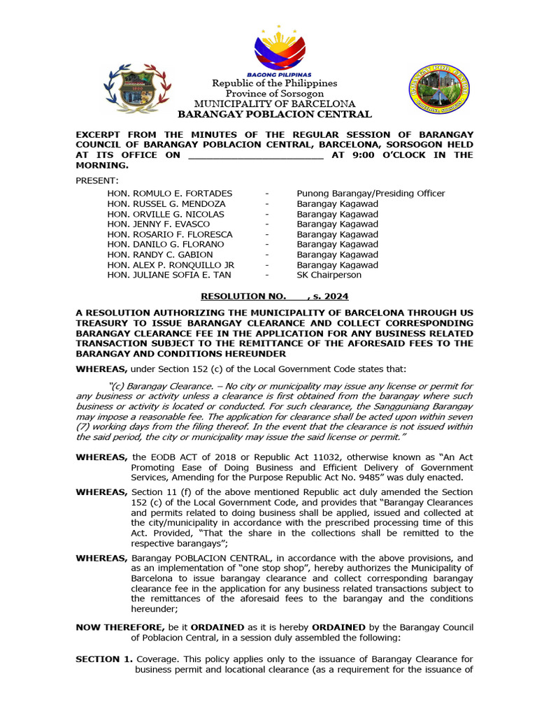 Resolution 16 Collecting Clearance Fee Poblacion Central | PDF ...