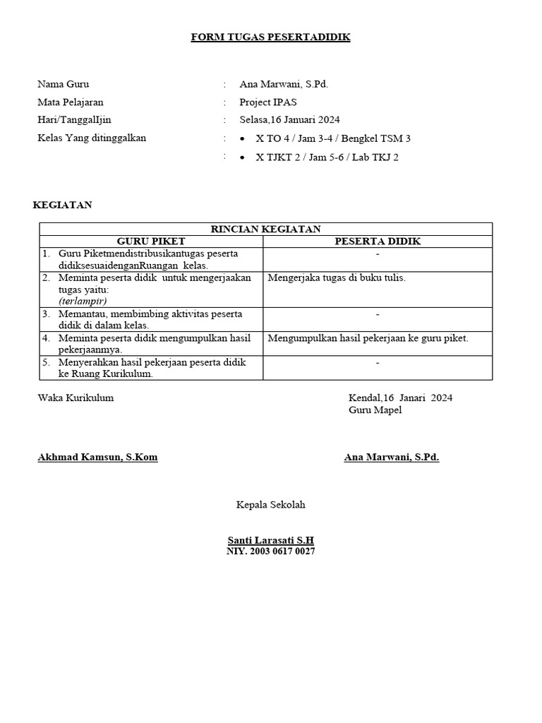 Ana - FORM TUGAS PESERTA DIDIK | PDF | Sains & Matematika