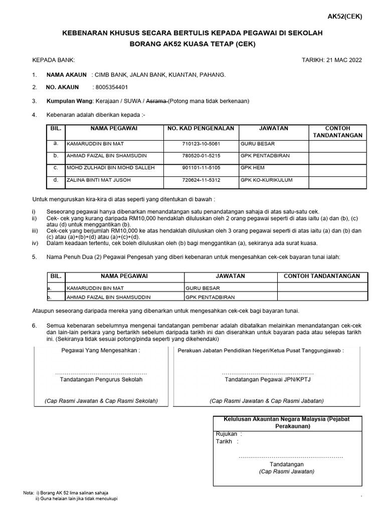 Borang Ak52 Kuasa Tetap (Cek) | PDF