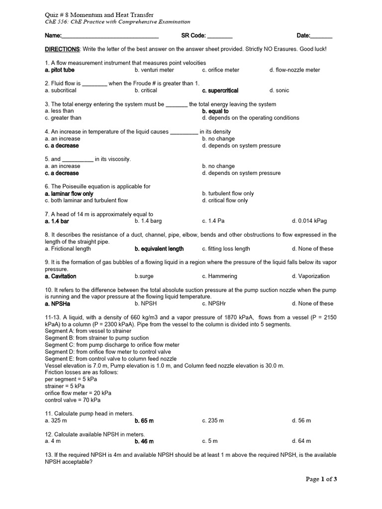 ChE 556 Quiz on Momentum & Heat Transfer | PDF | Fluid Dynamics | Pump