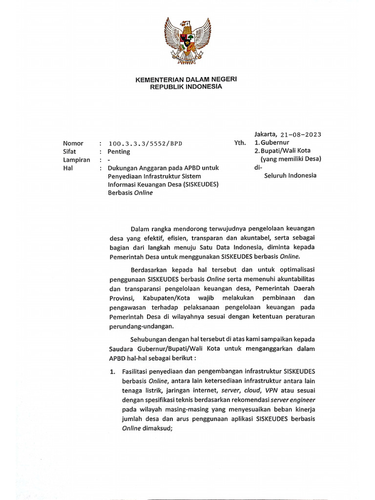 301-Surat Mendagri Ke Gub Bup MHN Dukungan Anggaran Siskeudes 21 Agustus 2023 | PDF
